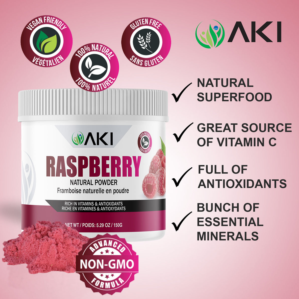 Aki Organic 100% Raspberry Powder (5.29 oz / 150 g)