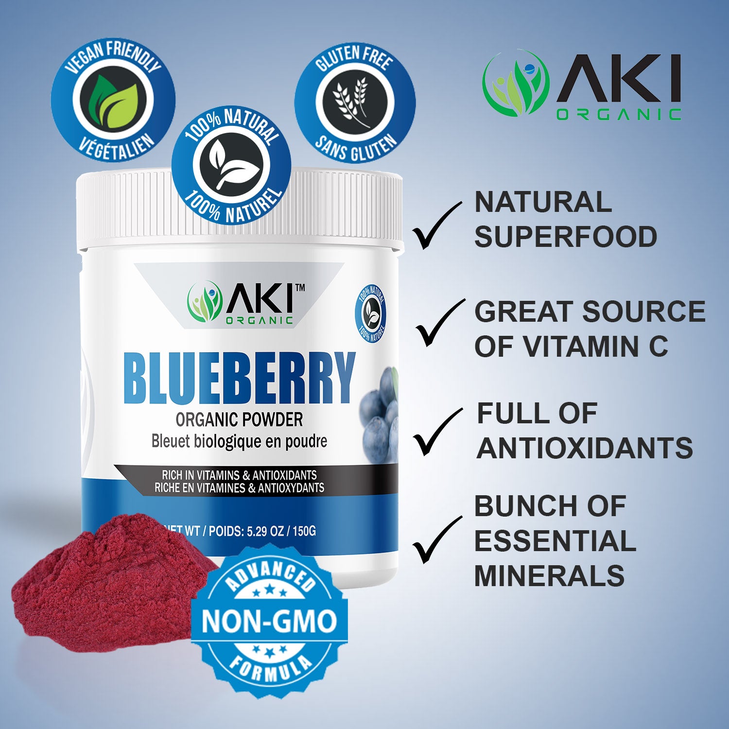 100% Blueberry Powder (5.29 oz / 150g) | Spray Dried – Aki Organic
